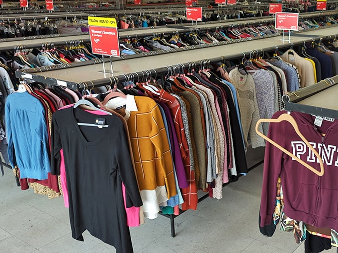 The women's clothing section – a rainbow of possibilities where yesterday's fashion becomes tomorrow's vintage statement piece.