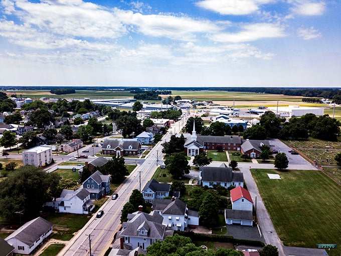 A bird’s-eye view of Bridgeville’s downtown, where every building tells a story.