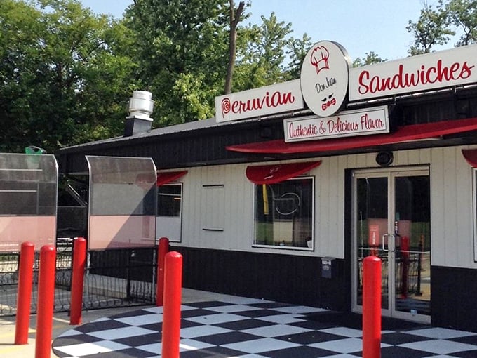 Don Juan V's bold red and white color scheme hints at the flavor fiesta happening inside this Peruvian sandwich haven.