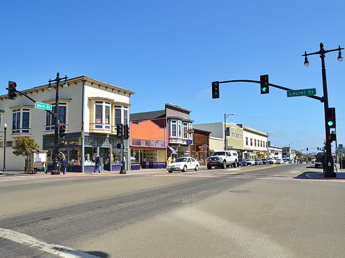 Fort Bragg's corner of Main and Laurel—where Victorian architecture meets sea salt air in a perfect coastal handshake.