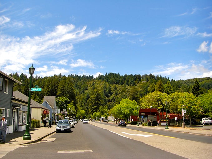 Guerneville's main street welcomes visitors to Russian River country, where redwoods meet small-town hospitality.