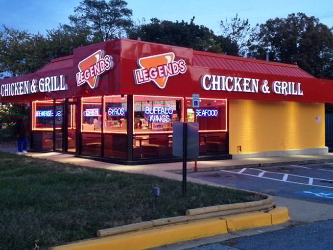 Legends' glowing red signage against the twilight sky is like a bat signal for hungry folks. The chicken crusader we all need.