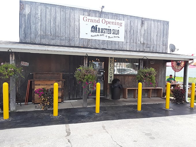 Weathered barn aesthetic that transports you straight to barbecue country without leaving Indiana's friendly borders behind you.