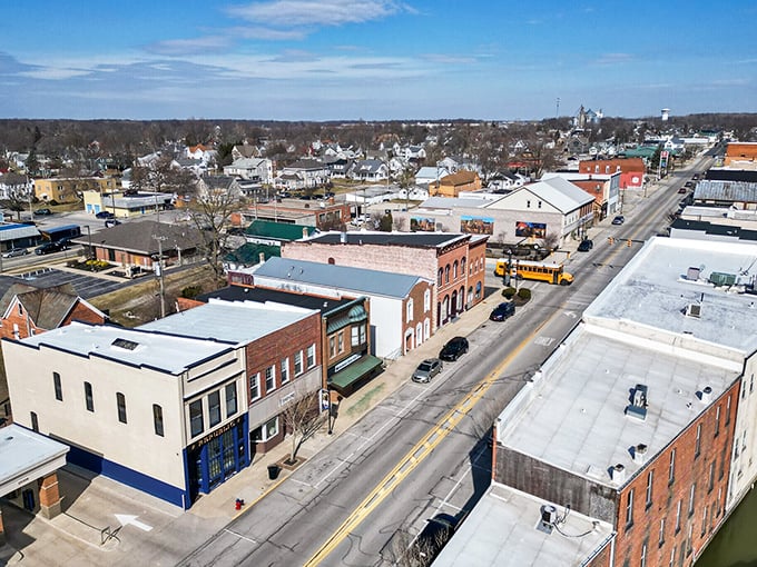 This bird's-eye perspective shows how St. Marys balances town and country living, with neat neighborhoods giving way to open spaces.