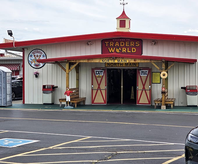The barn-style entrance with its cheerful red trim welcomes you into a world of endless shopping possibilities.