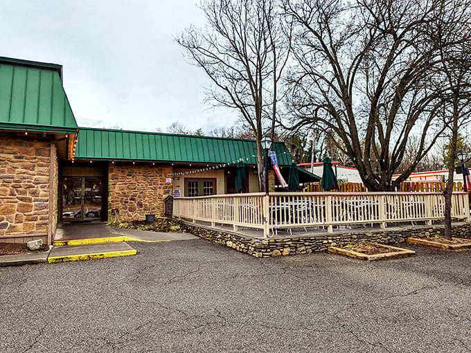 The welcoming entrance and patio at Brambleton Deli invite you to sit a spell with your sandwich. Virginia hospitality in building form.