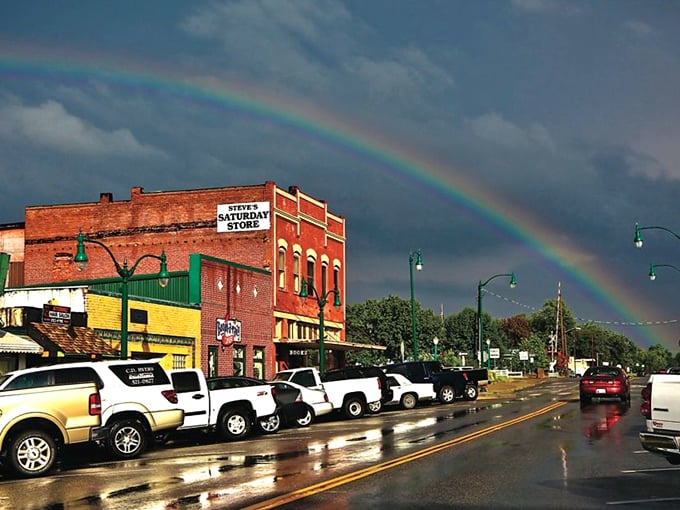 After a rain shower, Claremore's Main Street glistens beneath a perfect rainbow – an affordable pot of gold for retirees on a budget.
