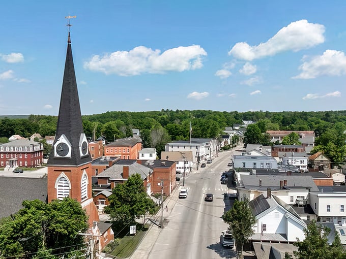 Farmington's church steeple rises above a town where housing costs remain within reach of those living on Social Security alone.