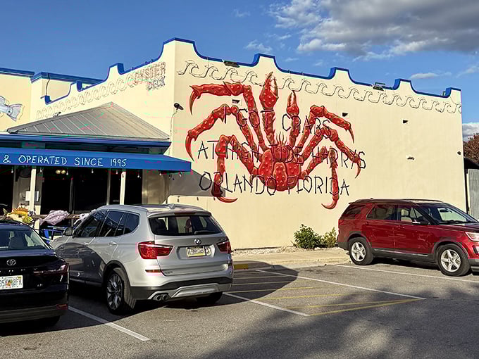 This colorful underwater mural hints at the ocean of flavors waiting inside – a seafood oasis in landlocked Orlando.