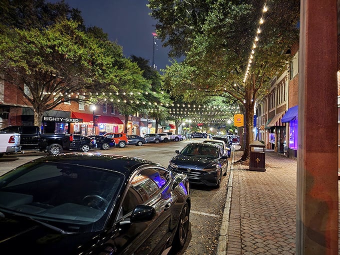 String lights twinkle above LaGrange's evening streets, where dining out remains a pleasure your wallet can afford.