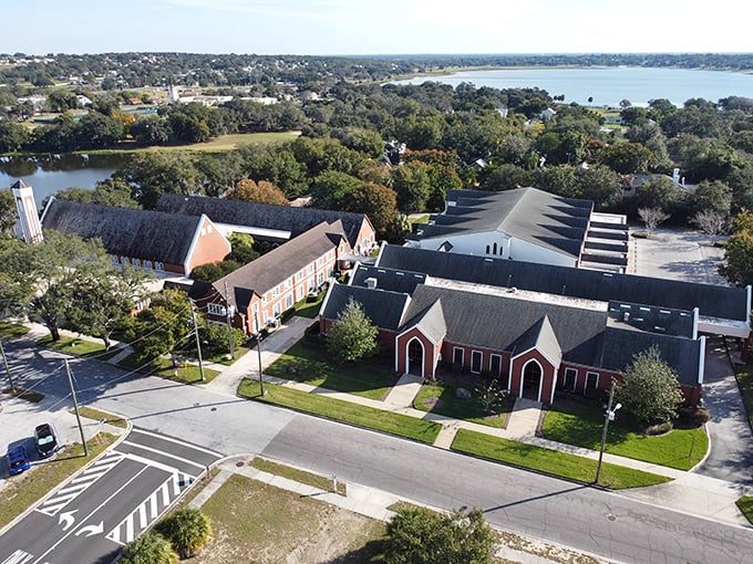 From above, Lake Wales' church complex looks like God's own real estate development—prime lakefront views included with your Sunday service!