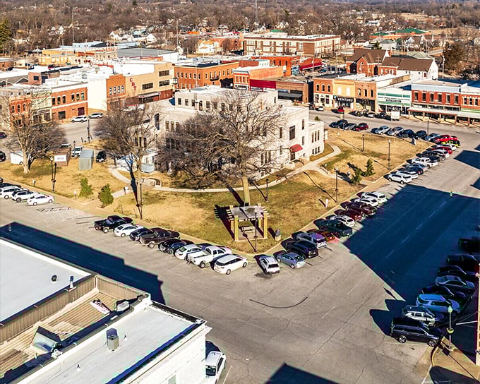 The aerial view of Neosho reveals a town perfectly sized for retirement—not too big, not too small, and definitely not too expensive.