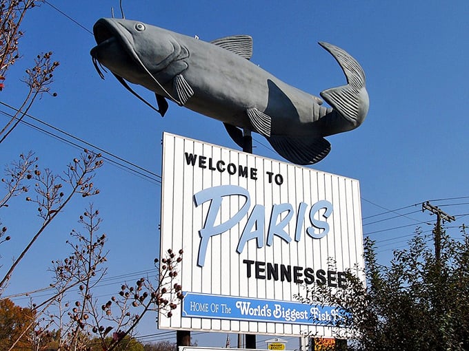 Welcome to Paris, Tennessee – home of the "World's Biggest Fish Fry" and this charming downtown railroad scene.