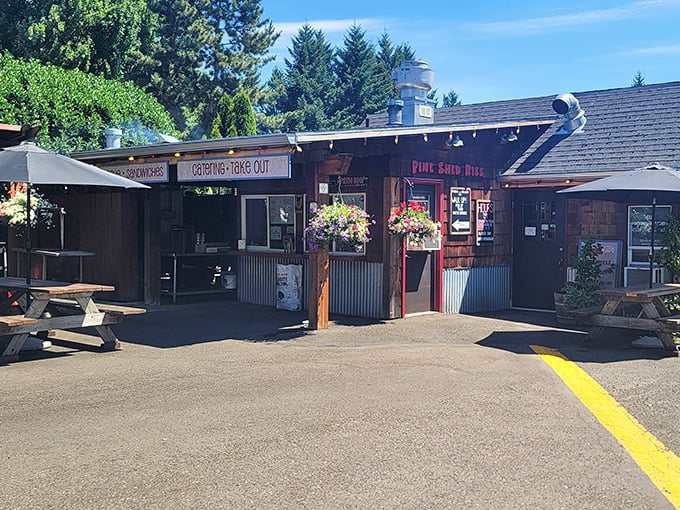 The humble shed exterior promises ribs that taste like they've been smoking since the dawn of barbecue time.