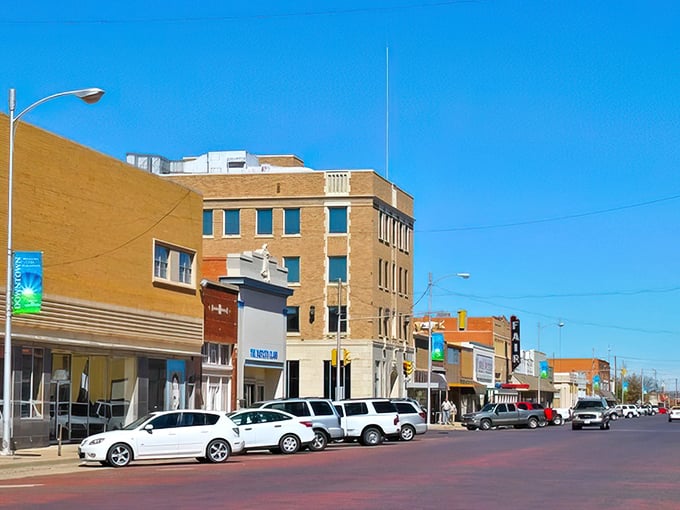 The warm brick tones of Plainview's main street create a welcoming palette that feels quintessentially Texan—sturdy, unpretentious, and built to last.