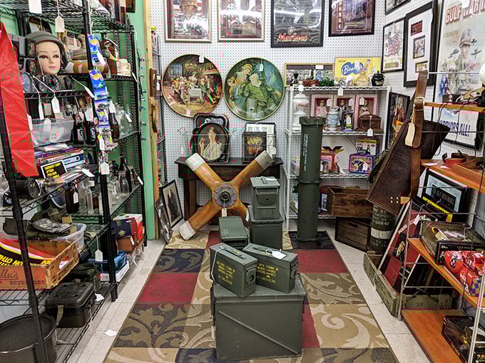 Military memorabilia and vintage finds create fascinating displays that tell America's colorful story.