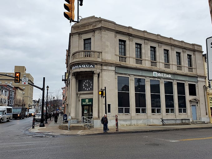 This historic corner building in Tamaqua shows how everyday errands can happen inside grand old architecture—where century-old stone walls now house a modern M&T Bank.
