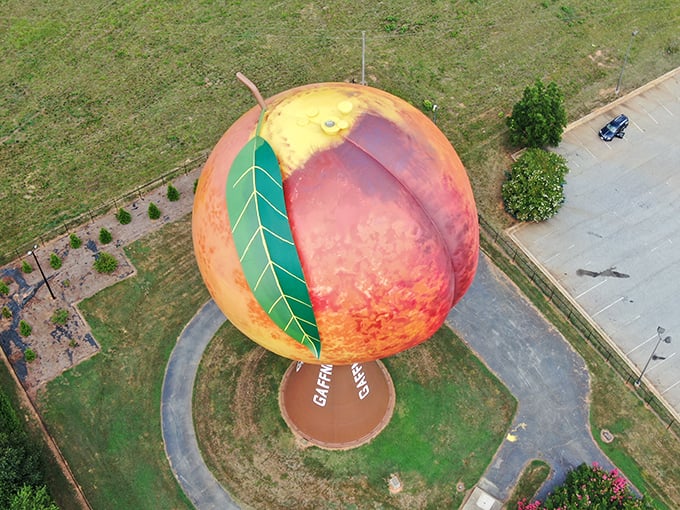From above, the Peachoid's leaf detail and perfect roundness showcase the artistic vision that elevated a simple water tower to roadside stardom.