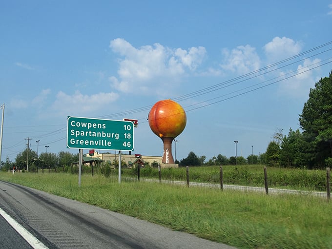 Road signs point to nearby cities, but let's be honest—the Peachoid is the real landmark everyone uses for directions around here.