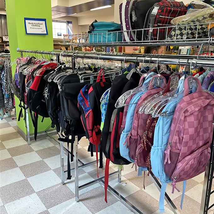 Back-to-school without breaking the bank—colorful backpacks waiting to carry homework, lunch, and childhood dreams.