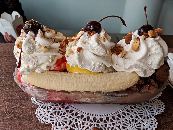 The banana split boat sails into port carrying enough toppings to feed a small village, or one very happy you.