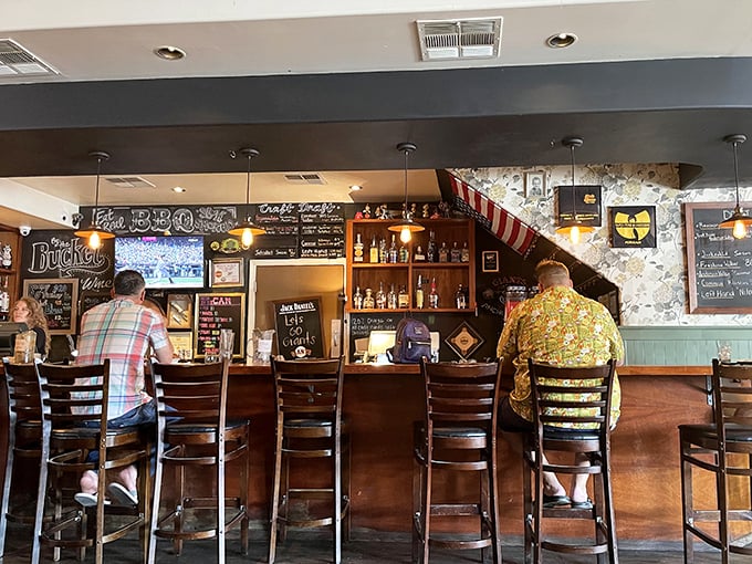 The bar isn't just where drinks are served—it's command central for bourbon enthusiasts and beer aficionados seeking the perfect barbecue pairing.