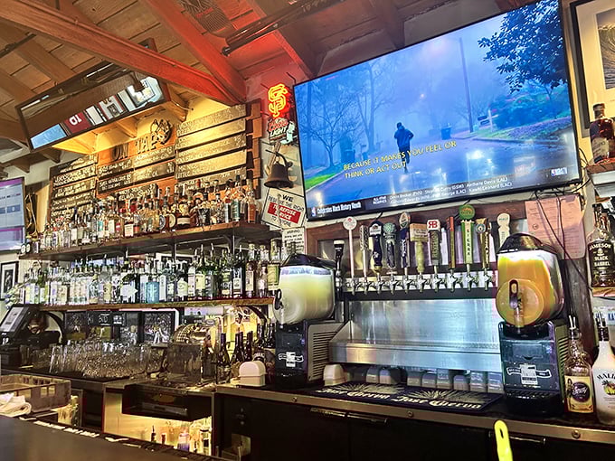 A well-stocked bar that promises liquid creativity, where the frozen drink machines whirl like the engines of happiness.