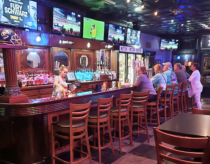 The bar area strikes that perfect balance between sports-watching intensity and comfortable conversation—with enough screens to catch every play.