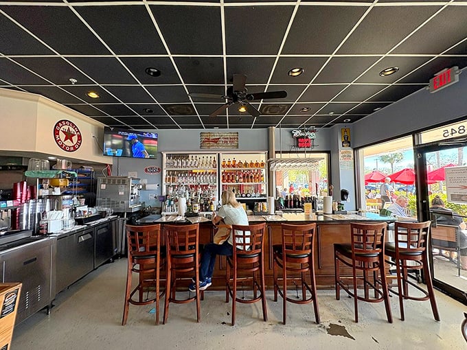 A well-stocked bar that promises liquid courage for those brave enough to attempt finishing the Donut Burger.