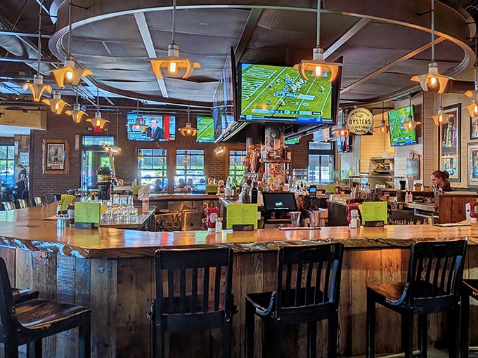 The bar area showcases an impressive lineup of taps, promising a perfect pairing for whatever delicious morsel you've ordered. Beer selection is serious business here.