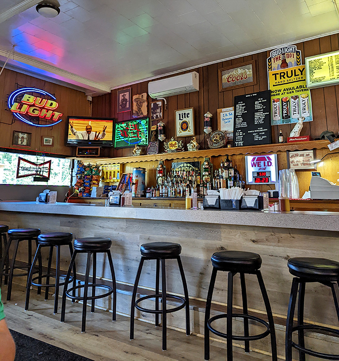 The bar at G & R isn't trying to impress anyone with craft cocktails—it's serving up exactly what you want in a small-town tavern.