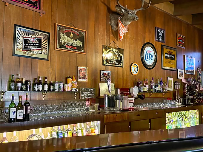 The bar area's wood-paneled walls and vintage signs tell stories of Eastern Sierra adventures past—a perfect spot to unwind after a day exploring Mono Lake.