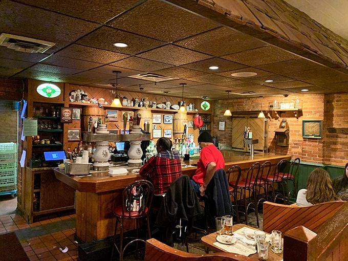 The bar area balances rustic charm with German efficiency—exactly where you want to be when deciding between pilsners and dunkels. 