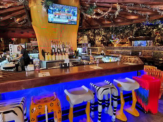 The "Watering Hole" bar brings new meaning to jungle juice, with animal-print stools that let adults embrace their wild side.