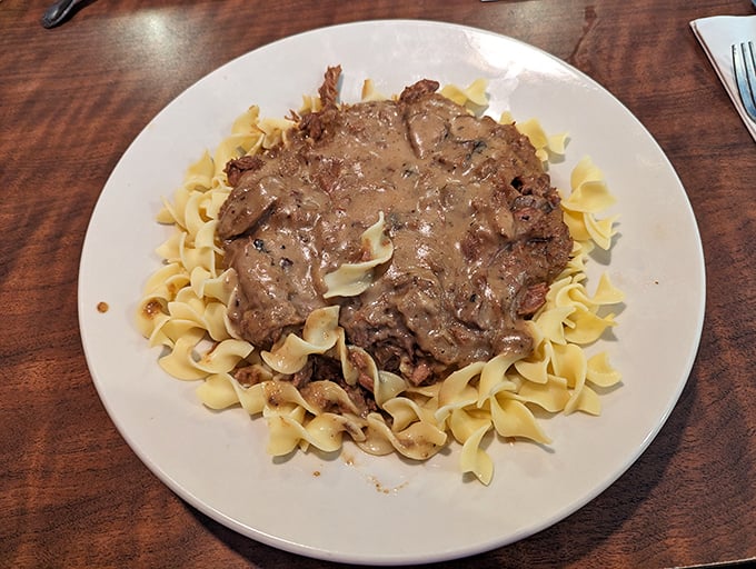 Beef stroganoff that your grandmother would approve of—tender meat and savory gravy coating each strand of pasta in a comforting embrace.