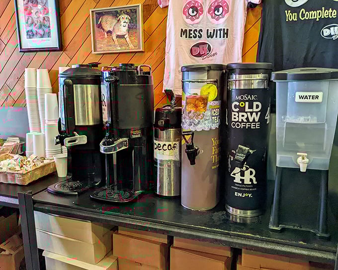 Coffee station that means business – no fancy barista terminology required, just honest caffeine for honest people.