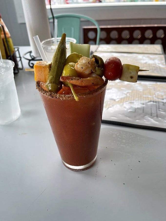 A Bloody Mary so loaded with garnishes it could double as a small salad – efficiency at its finest.