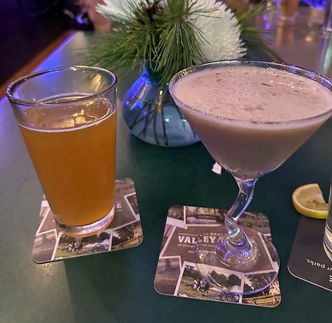 A cold craft beer and a chocolate peppermint martini—proof that Bridgeport Rib House understands balance in all things.