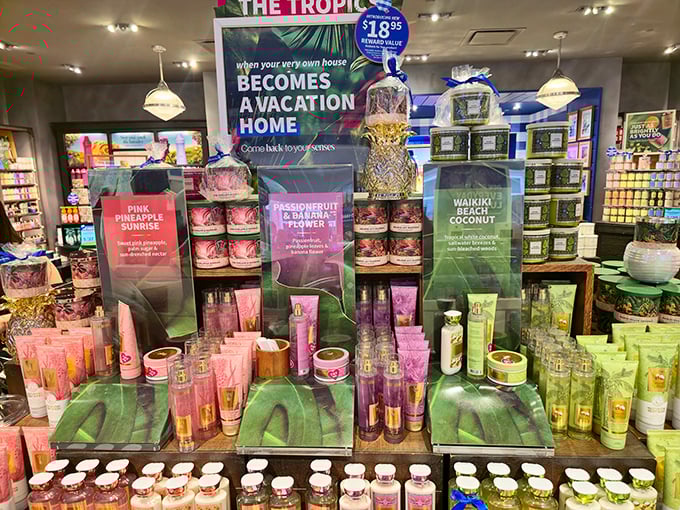 Bath & Body Works outlet's tropical display, transforming your bathroom into a vacation destination for roughly the price of airport parking.