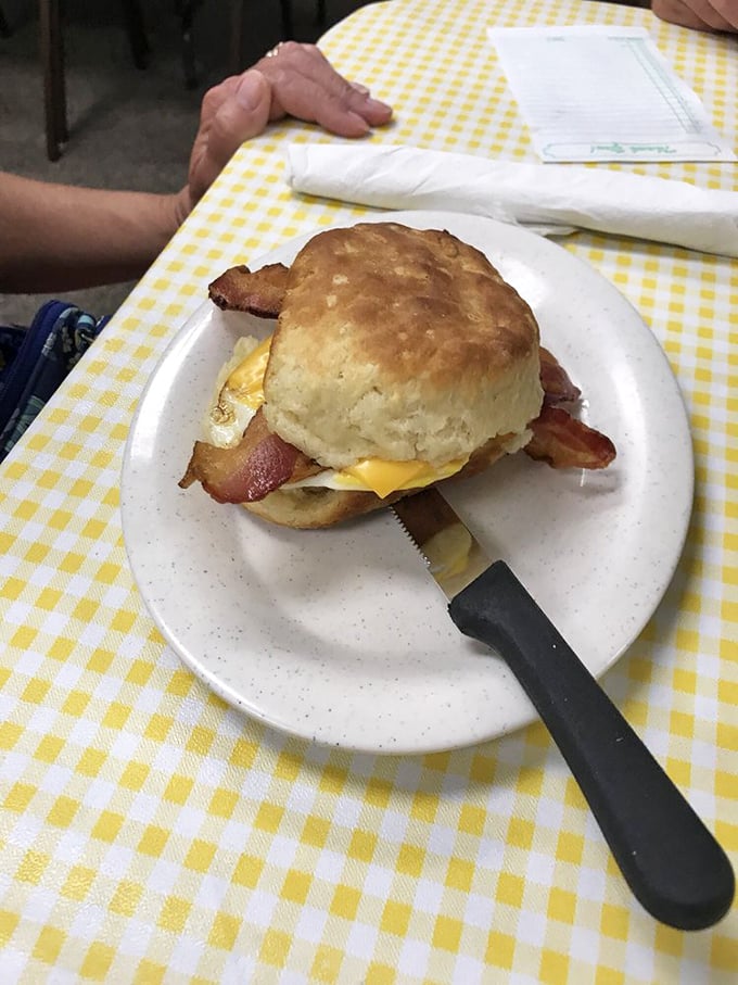 The breakfast sandwich that makes all drive-thru versions hang their heads in shame – a towering creation on a biscuit that required engineering to construct.