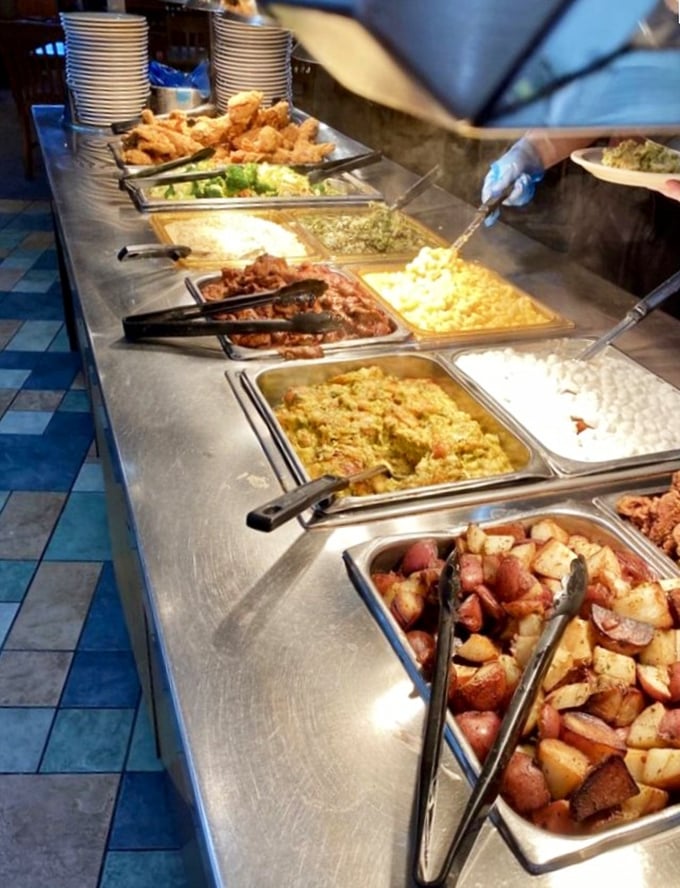 Behind the scenes where the magic happens—a glimpse into the kitchen that keeps the steam tables full and the hungry masses satisfied.