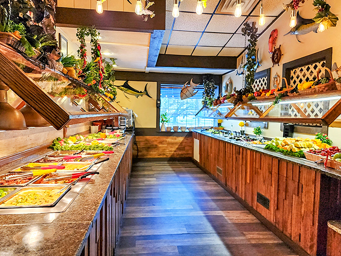The buffet corridor – where dreams of unlimited seafood come true and diet plans go to die gloriously.