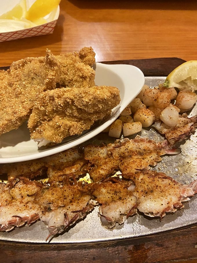 The catfish combo arrives like a Southern symphony, each element playing its part in perfect harmony.