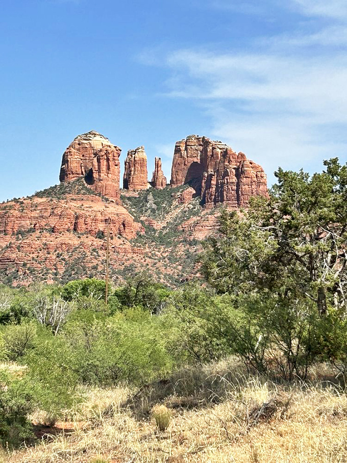 Cathedral Rock looms in the distance like a Gothic masterpiece carved by wind, water, and millions of patient years.