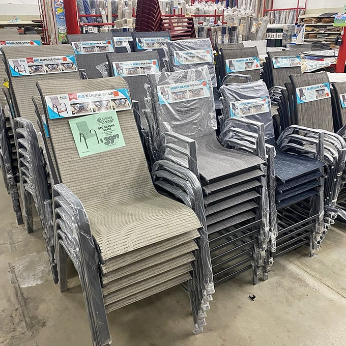 Patio chairs stacked to the ceiling—summer entertaining possibilities multiplying faster than your neighbor's gossip at the block party.