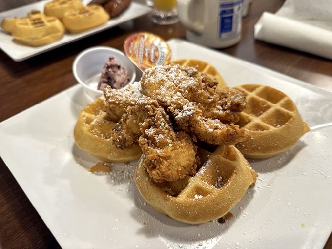 Chicken and waffles—the breakfast equivalent of a mullet: business on the bottom, party on top. Sweet, savory perfection.