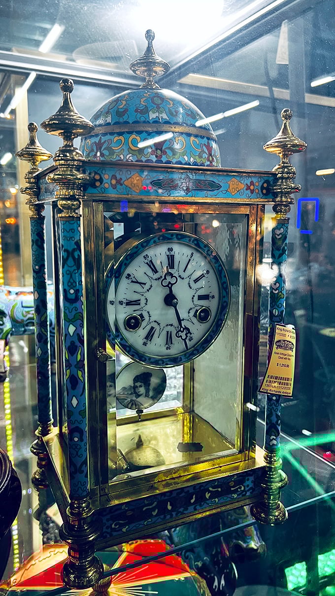 This ornate cloisonné clock doesn't just tell time – it tells stories of craftsmanship from an era when objects were built to become heirlooms.