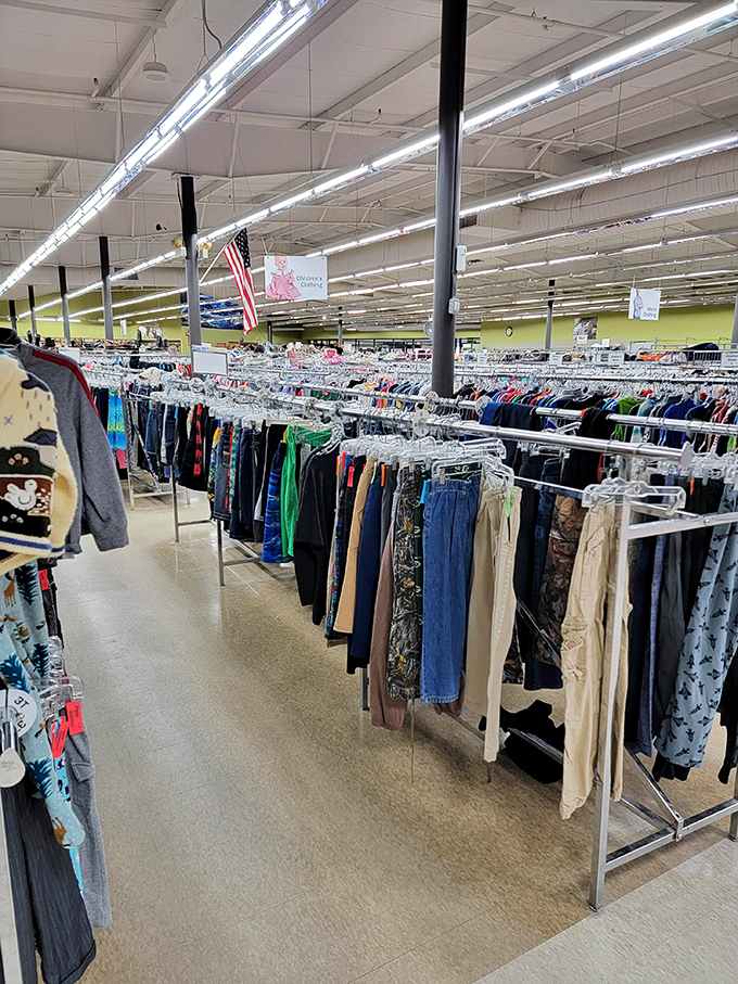 Denim, khaki, and cotton soldiers lined up with military precision—the pants section alone could clothe a small nation.