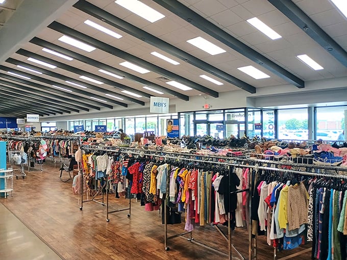 The clothing section stretches toward the horizon, a textile sea where fashion treasures hide among the everyday waves.