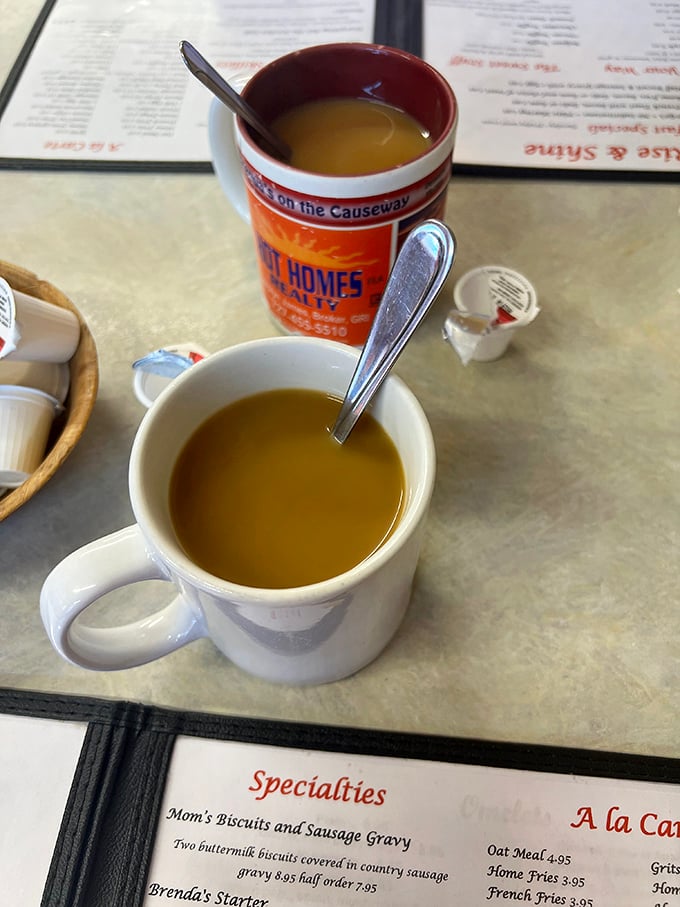 Coffee served in mugs with the perfect weight—because good diner coffee isn't just about taste, it's about the ritual.